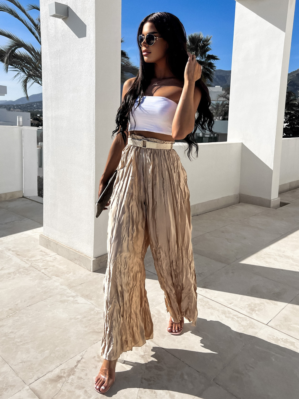 Béžové plisované nohavice EASTY s opaskom | Erika Fashion