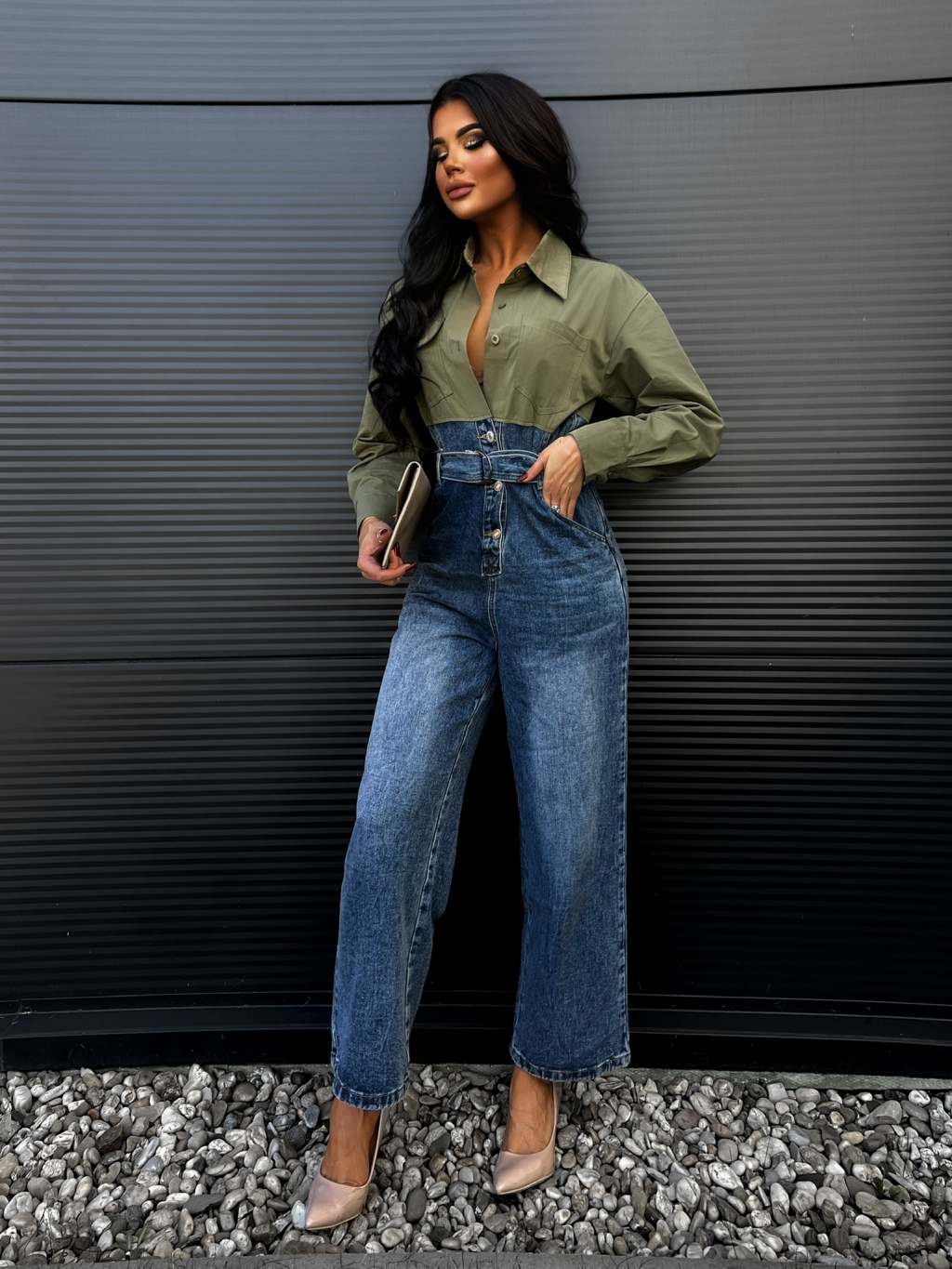 Khaki denim overal SIDE | Erika Fashion