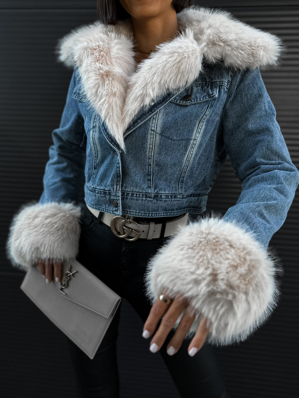 Modrá denim bunda ALASKA s kožúškom | Erika Fashion