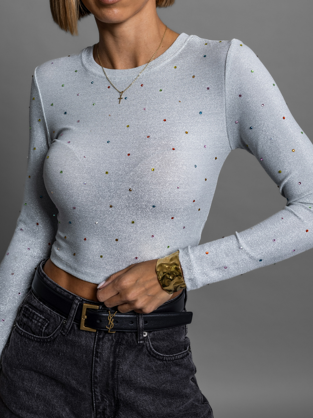 Strieborné trblietavé tričko NIKANDR s kamienkami | Erika Fashion