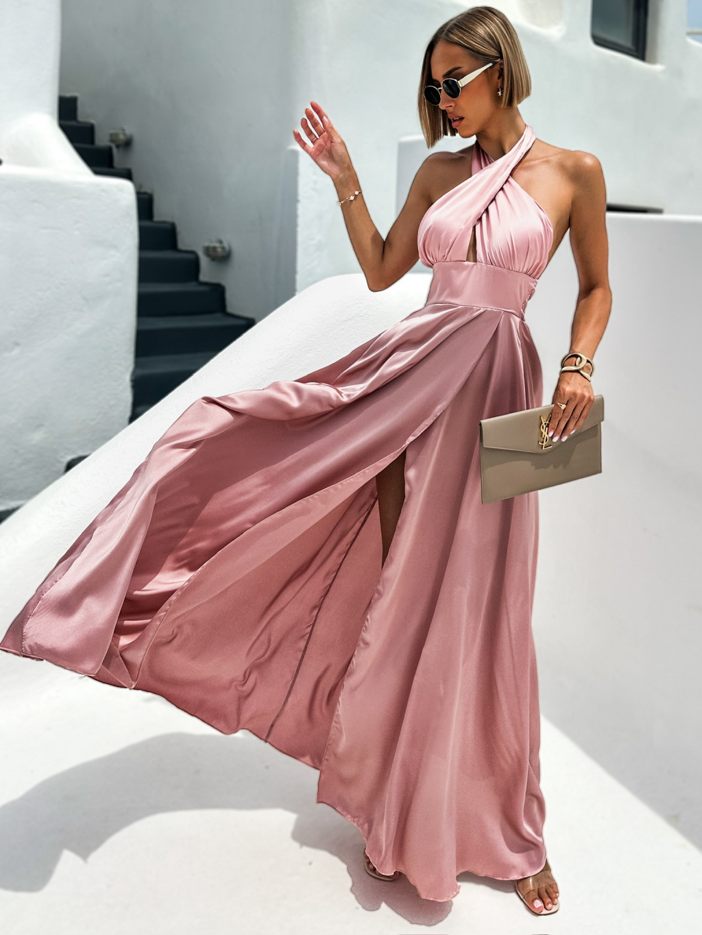 Ružové dlhé saténové šaty EMERIK | Erika Fashion