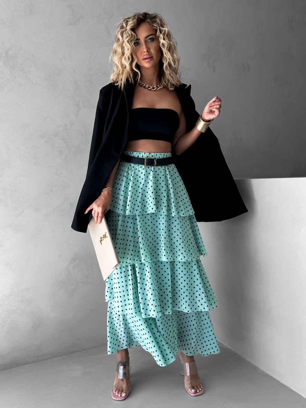 Mentolová maxi volániková sukňa JESSIE s bodkami | Erika Fashion