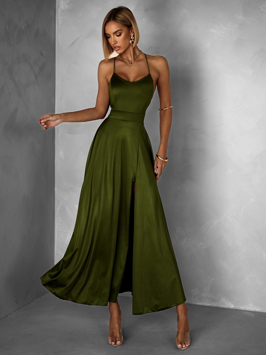 Kaki saténové midi šaty SIMUEL so šnurovaním | Erika Fashion