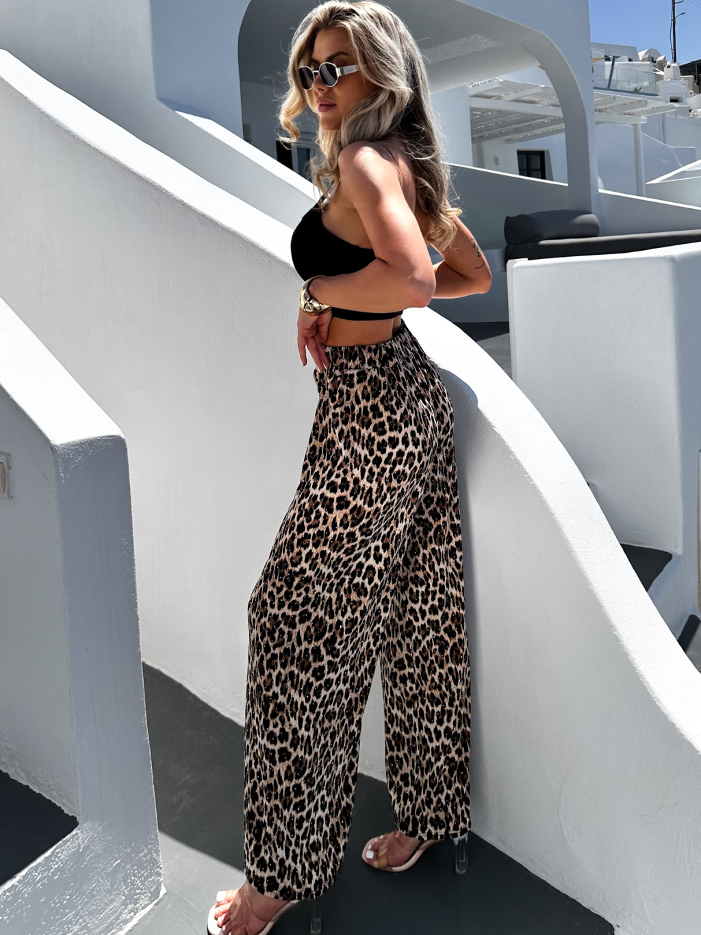 Leopardie letné široké nohavice ROSETA s kamienkami | Erika Fashion