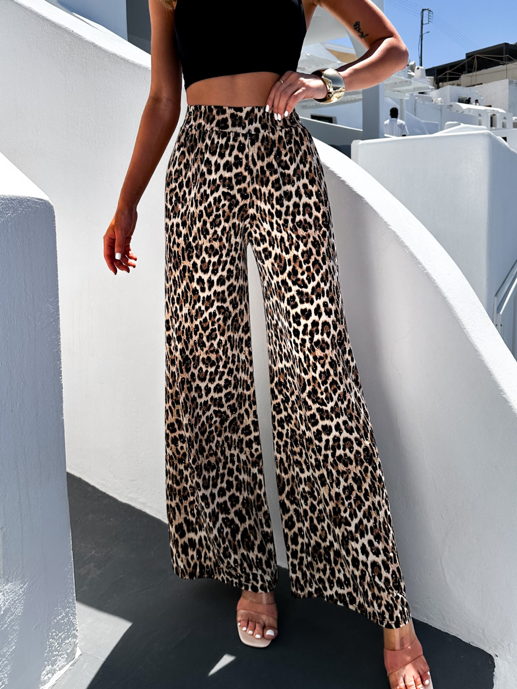 Leopardie letné široké nohavice ROSETA s kamienkami | Erika Fashion